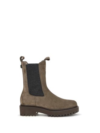 Brunello Cucinelli Womens Ankle Boots Suede With Knit Insert Taupe