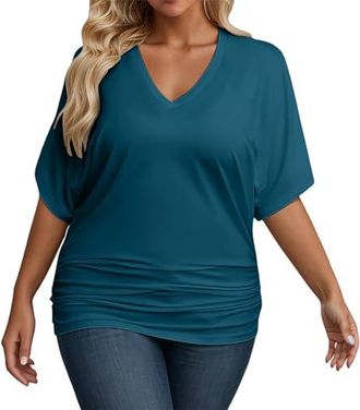 Generic Chemises dété à manches courtes et col en V pour femmes avec fronces latérales, coupe ample, vert clair, 5XL