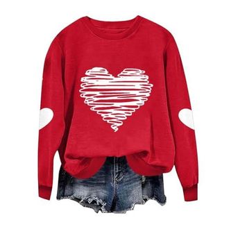 Generico Sweatshirt sans capuche pour femme, sweat &agrave; manches longues, t-shirt avec imprim&eacute; de la Saint-Valentin pour femme, pull &agrave; col rond, rouge, Rouge briqu