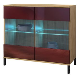 Vladon Kommode Bari V3, Moderner Küchenschrank mit 2 großen Glastüren inkl. RGB Beleuchtung Eiche Evoke/Bordeaux Hochglanz (92,5 x 83.5 x 35)