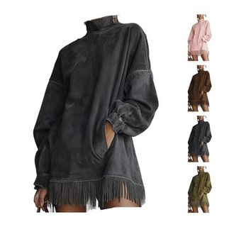 Generic Mini robe en daim élégante avec ourlet à franges, manches bouffantes, col haut, manches longues, coupe ample, Noir, 3XL