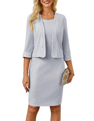 Grace Karin Cocktailkleid Damen Hochzeitsgast Festliche Kleider f&uuml;r Hochzeit Elegant Midi Cocktail Wickelkleider Damen Zweiteiliges Kleid Grau XL