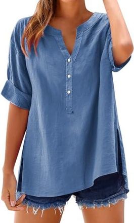 Generic Haut en lin pour femme - Couleur unie - Col montant - Manches longues - Chemisier d&eacute;t&eacute; en coton &agrave; manches longues - Haut surdimensionn&eacute; Lagenlook - Ha