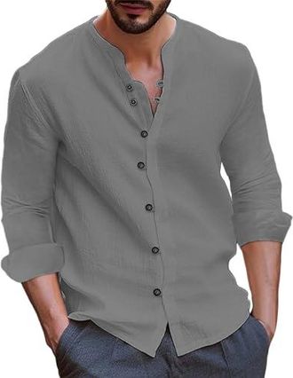 Generic Chemise en coton et lin pour homme - Chemisier dentra&icirc;nement d&eacute;contract&eacute; pour le printemps et lautomne - Col de chemise en coton &agrave; manches longues - C