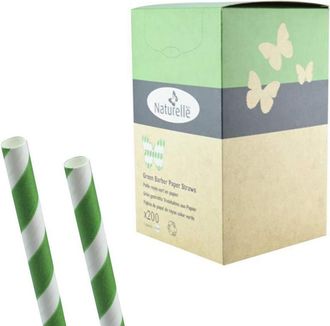 Naturelle 200 St&uuml;ck - gr&uuml;n/wei&szlig; gestreifte Trinkhalme/Strohhalme aus Papier, kompostierbar - Barber Style - L&auml;nge: 200mm / Durchmesser: 8mm f&uuml;r Bar, Disko und C