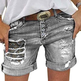 ORANDESIGNE Short en Jean Taille Haute Femme Pantalon Fleur Shorts en Denim Décontractés Mode Bermuda en Jean E Gris XL