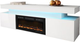 Mirjan24 TV Schrank Serkuzo EF 2D mit Elektrischem Kamin, Praktischer Fernsehschrank, TV Lowboard mit Grifflose Öffnen, Realistische LED-Flamme (Weiß/Weiß Hoch