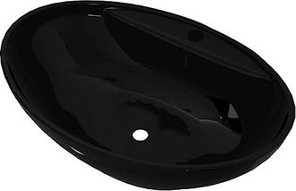 vidaXL Vasque Ovale à Trou Trop-Plein/robinet Céramique de Salle de Bain Noir