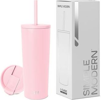 Simple Modern Thermobecher mit Strohhalm und Deckel | Trinkbecher mit Henkel Wiederverwendbare Edelstahl | Geschenke für Frauen und Männer | Classic | 710ml | Blush