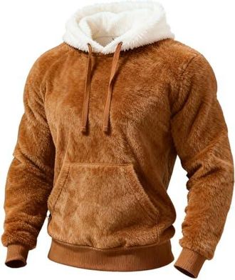 Generic Sweat &agrave; capuche en polaire pelucheuse marron pour homme avec capuche doubl&eacute;e Sherpa blanche et poche kangourou - Sweat-shirt dhiver ultra doux pour in
