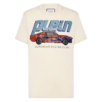 Philipp Plein Homme, Tops, Beige, Taille: S Jersey T-shirt Col Rond SS Cars Racing