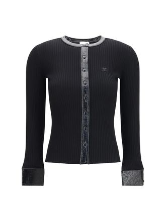 Courr&egrave;ges Womens Vinyl-Knit Cardigan Black Viscose Sweater