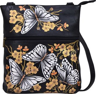 Anuschka Damen Womens Hand-Painted Leather Shoulder Bag Slim Cross Umhängetasche, Butterfly Dusk