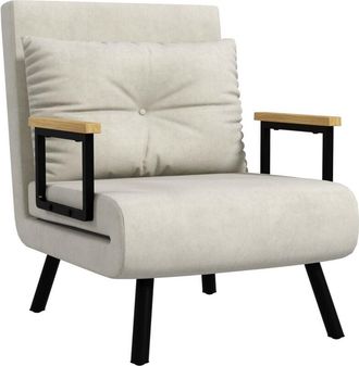 HOMCOM Fauteuil convertible 3 en 1 chauffeuse lit dossier r&eacute;glable coussin accoudoirs bois velours cr&egrave;me