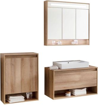 Fackelmann NATURA Badm&ouml;belset 4-teilig, 94 cm, Braun hell + Spiegelschrank + Doppel-Midischrank-90232145