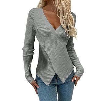 Generic Pull &agrave; manches longues et col en V pour femme - Couleur unie, gris, XL