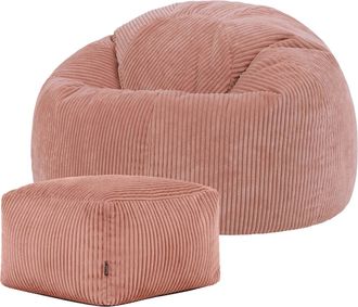 Icon Brand Kingston Sitzsack mit Hocker Cord, Rosa, Sitzsack Erwachsene mit Füllung, Bean Bag, Cord Sessel, Lounge Sessel, Lounge Stuhl, Schlafzimmer, Wohnzimmer