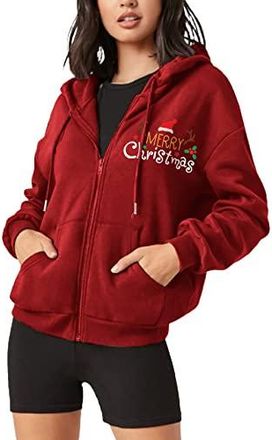 Generic 2026 Vestes &agrave; capuche d&eacute;contract&eacute;es &agrave; manches longues avec fermeture &eacute;clair et cordon de serrage pour femme avec poches, Rouge, S