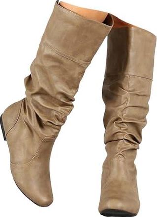 Generic Bottes western plates &agrave; talon haut du genou pour femme - Bottes d&eacute;contract&eacute;es en daim avec fermeture &eacute;clair lat&eacute;rale - &Agrave; enfiler - En cuir synth&eacute;tique