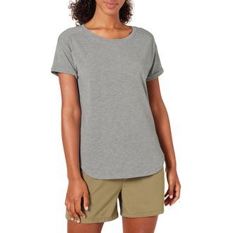 Amazon Essentials Damen Leichtes Fitness-T-Shirt mit Rundhalsausschnitt und lockerer Passform (in &Uuml;bergr&ouml;&szlig;e erh&auml;ltlich), Mittelgrau Meliert, L
