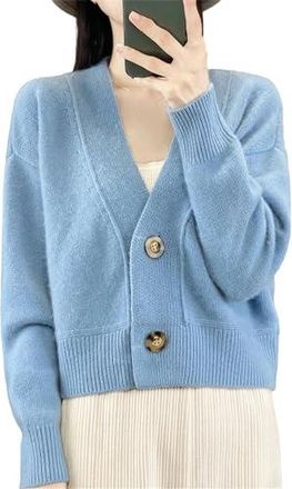 Generic Cardigan pour femme 100 % laine m&eacute;rinos col en V manches longues cachemire tricot hiver pull vintage tops, bleu, Taille S