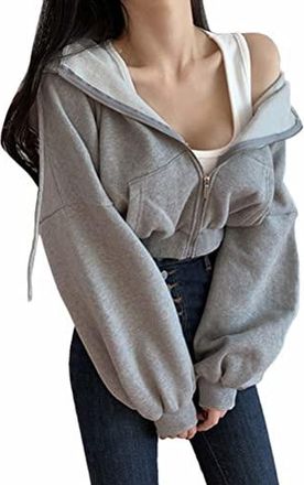 ORANDESIGNE Veste à Capuche Femme Hoodie Sweat de Sport Zippé Blouson Couleur Solide Cardigan Pullover Outwear E-Girl Survêtement Jacket Printemps Automne B Gris 