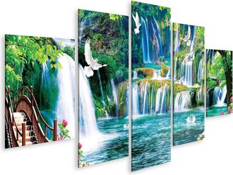 Islandburner Prime Bild auf Leinwand Bunte Landschaft Blumen Zweige Multi Farben Bäume Wasser Wasserfall FL Bilder Wandbilder Poster