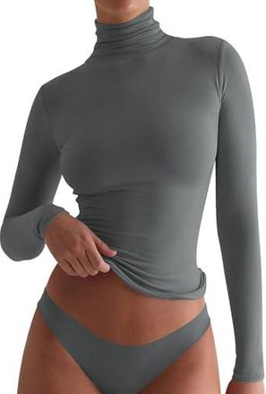 Generic Haut &agrave; manches longues et col montant pour femme, extensible, coupe ajust&eacute;e, col roul&eacute; thermique pour superposition, travail, voyage, gym | Doux et re