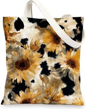 Generic Sacs fourre-tout en toile artistique, sacs à provisions réutilisables, légers et lavables avec bandoulière, jaune, 13x15 Inch