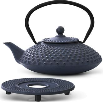 Bredemeijer große blaue Asia Teekanne Gusseisen Set 1.25 Liter Teekessel mit Henkel & Edelstahl Tee-Filter Sieb-Einsatz für losen Tee und Untersetzer
