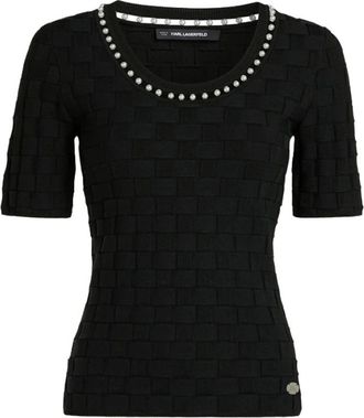 Karl Lagerfeld Femme, Pulls, Noir, Taille: 42 FR Haut en maille point de panier orn&eacute; de perles