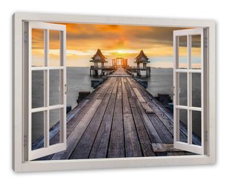 Pixxprint Bootssteg beim Sonnenuntergang, Fenster, Größe: 120x80cm, Leinwandbild, fertig gespannt, Wandbild, Dekoration, Kunstdruck, kein Poster