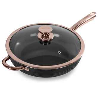 Tower Linear Sautepfanne mit Deckel, Antihaftbeschichtung, Edelstahlboden, Schwarz und Ros&eacute;gold, 28 cm, T800003RB