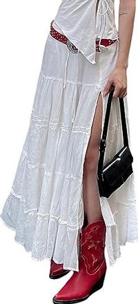 ORANDESIGNE Femme Y2K Vintage Jupe Longue Dentelle Irrégulier Jupe Midi Boho Floral Diviser Ébouriffer Jupe Maxi Été Jupe de Plage D Blanc M