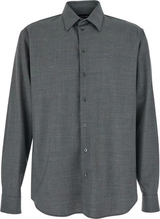 Emporio Armani Homme, Chemises, Gris, Taille: XL Chemise en laine &agrave; logo brod&eacute;