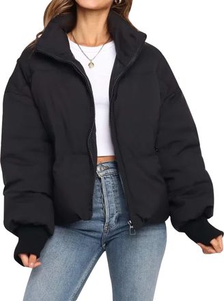 Generic Gihuo Damen Winter Kurze Gef&uuml;tterte Steppjacke Mantel Kurz Warm Gesteppte Jacke 2025, Schwarz, M