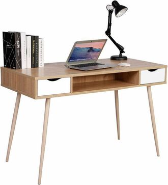 Woltu Bureau dordinateur en bois et m&eacute;tal Woltu Table de bureau - Table de Travail - Table avec 2 tiroirs et 1 Compartiment Ouvert - 120x58x77cm - Ch&ecirc;ne
