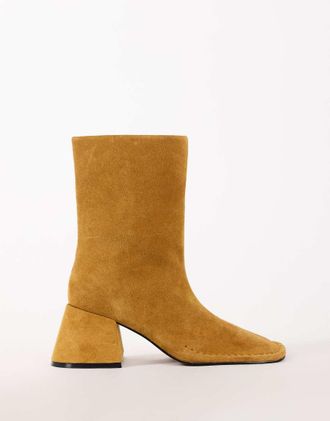 Topshop Pamela bottines &agrave; talon carr&eacute; en daim v&eacute;ritable couleur tan-Marron
