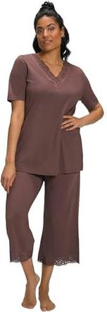 Ulla Popken Femme Grandes Tailles Pyjama, Broderie ajour&eacute;e, col en V, Manches Courtes, Modal Terre 50+ 806944345-50+