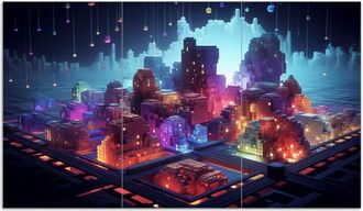 Wallario Herdabdeckplatte/Spritzschutz aus Glas, 3-teilig, 90x52cm mit 13mm hohen Füßen, für Ceran- und Induktionsherde, Leuchtende Pixelstadt