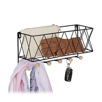 Relaxdays Wandregal mit Hakenleiste, Metall & Holz, Gitter-Design, Wandgarderobe 6 Haken, HBT: 17 x 36 x 13 cm, schwarz
