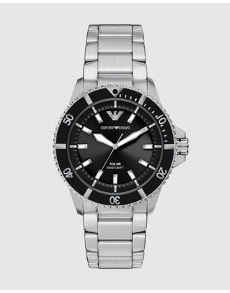 Emporio Armani World Explorer - Solarbetriebene Herrenuhr aus silberfarbenem Edelstahl mit drei Zeigern, AR11787