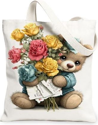 Generic Sacs fourre-tout en toile motif ours floral, sacs d&eacute;picerie r&eacute;utilisables, sacs d&eacute;picerie r&eacute;utilisables, l&eacute;gers et lavables, blanc, 13x15 Inch