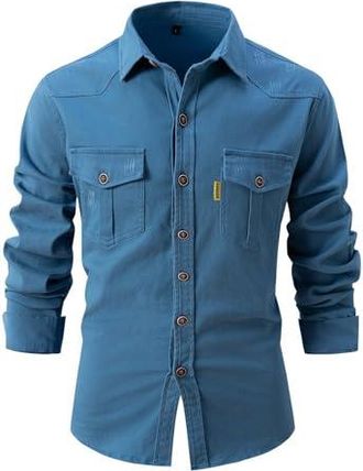 Generic Chemise extensible d&eacute;lav&eacute;e pour homme, chemises avec poches, chemises d&eacute;contract&eacute;es tendance polyvalentes et couleurs unies, chemise &agrave; col &agrave; revers et