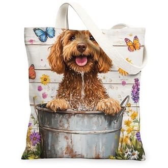 Generic Sac fourre-tout en toile motif chien griffonn&eacute; dor&eacute; printemps 33 x 38,1 cm, mignon sac &agrave; bandouli&egrave;re r&eacute;utilisable en bois de fleur rustique pour femme