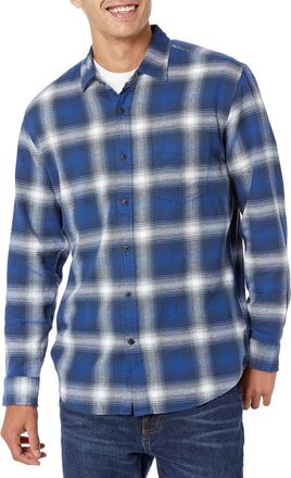 Amazon Essentials Herren Langarmhemd aus Flanell (in Übergröße erhältlich), Blau Weiß Großes Karo, XXL
