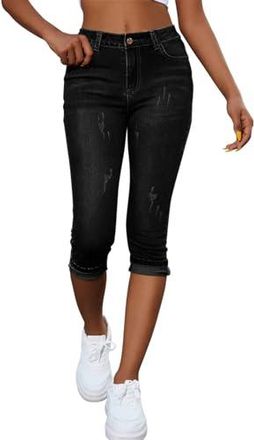 Onsoyours Jean Capri Femme Pantacourt Été Taille Haute Jean 3/4 Décontracté Pantacourt Jeans Casual Jeggings Pants Capri Pantacourt B Noir M