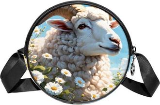 Generic Sac &agrave; bandouli&egrave;re rond pour femme, motif fleur de mouton, petit sac &agrave; bandouli&egrave;re avec fermeture &eacute;clair, bretelles r&eacute;glables, sac &agrave; main rond d&eacute;contra