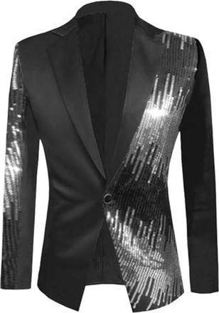 Generic Veste de costume &agrave; paillettes pour homme - Blazer de smoking - Coupe ajust&eacute;e - Tendance - Pour d&icirc;ner, bal de fin dann&eacute;e, mariage, Noir, XXL