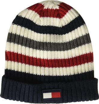 Tommy Hilfiger Herren Mens Striped Ribbed Beanie-Mtze, Weiß gestreift, Einheitsgröße